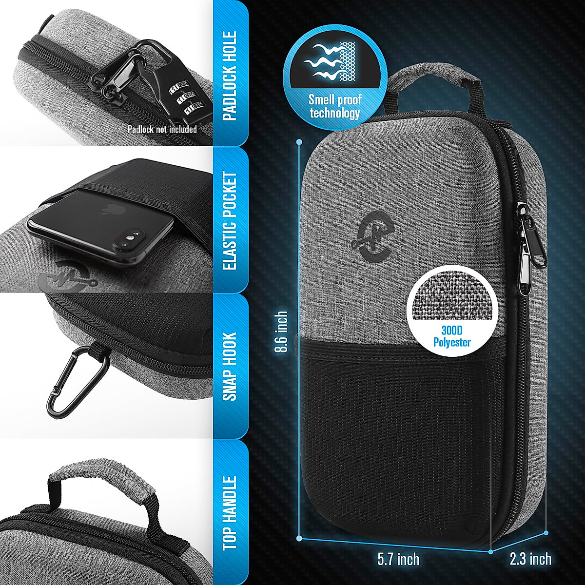 Epulse Smell Proof Box, Smell Proof Bag Case, Stash Containers, Small Lock Box, Vape Case, Pouch Travel, Smellproof Stash Bag for Accessories, Anti Smell Bags (8x6 in, Grey)