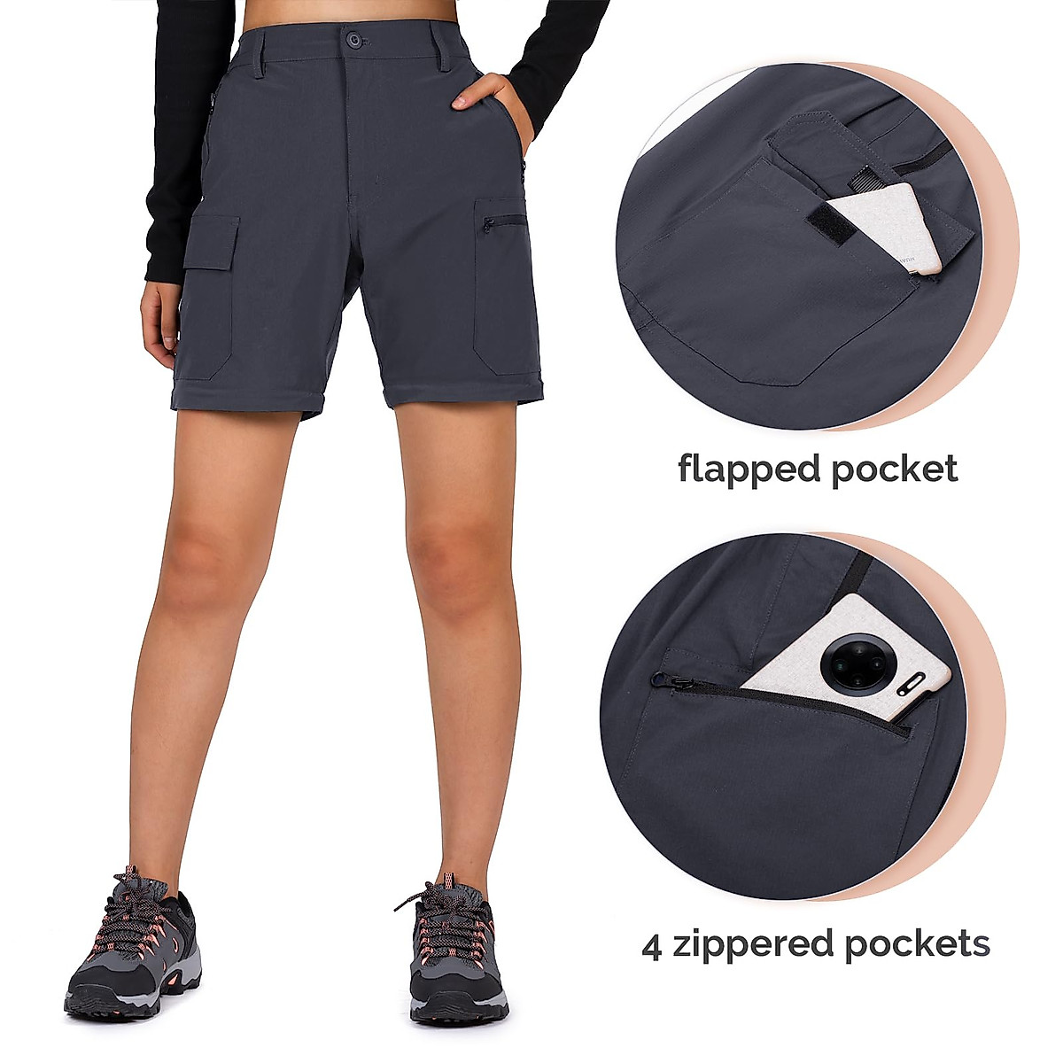 Cycorld Women's-Hiking-Pants-Convertible Quick-Dry-Stretch-Lightweight Zip-Off Outdoor Pants with 5 Deep Pockets (Grey, Small)