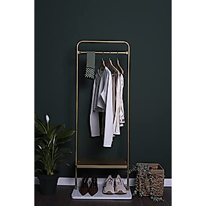 VEGAINDOOR Heavy-Duty Sturdy Clothes Rack with Wood & Metal Shelf , Freestanding Clothing Rack , Single Rod Garment Rack , Easy to Assemble Portable Clothes Rail , Storage Solution for Small Spaces