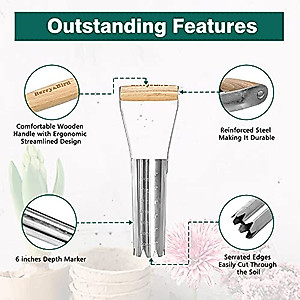Berry&Bird Garden Bulb Planter with 6 inches Depth Mark, Garden Bulb Transplanter Tool with Woode Handle, Stainless Steel Soil Release Tool for Transplanting Digging Planting Flowers