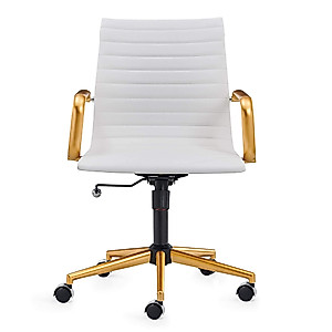 COROCC Office Desk Chair Modern Conference Room Task Chairs Leather Computer Swivel Excutive Ribbed Ergonomic Rolling Chair for Bed Room White and Gold Chair