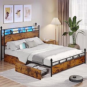 FORABAMB Queen Bed Frame with 4 Drawers, LED Bed Frame Queen Size with Headboard and Charging Station, Metal Platform Bed with Storage, No Box Spring Needed, Easy Assembly, Rustic Brown