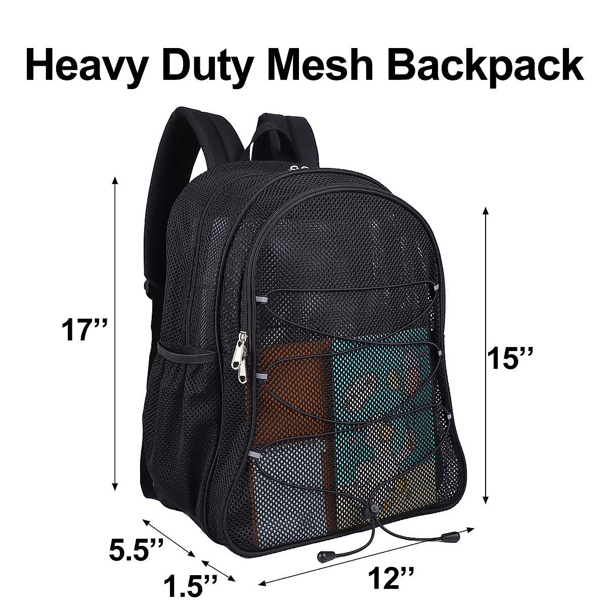 Heavy Duty Mesh Backpack, See Through School Backpack, Mesh Book Bag with Bungee Cord & Adjustable Padded Straps, for Work, School, Travel