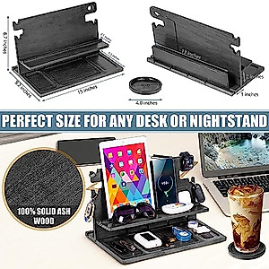 Black Extra Large Wood Phone Docking Station - Nightstand Organizer for Men & Women, iPad Stand For Desk, Tablet Stand Holder, Apple Watch Compatible, Holds Phones, Tablets, Keys, Glasses, EDC & more