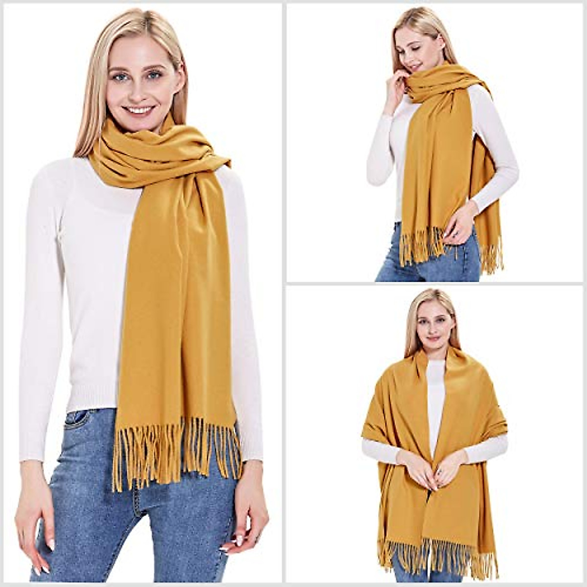 vimate Wool Cashmere Scarfs for Women, Yellow/Gold Soft Woolen Pashmina Cashmere Shawls and Wraps for Winter (Mustard)