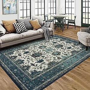 JOLENE.K Washable Rug Oriental 5x7 Area Rugs for Living Room Boho Decor Soft Distressed Print Carpet Vintage Rug Non-Slip Stain Resistant Low-Pile Thin Bedroom Rugs for Dining Room Nursery Blue