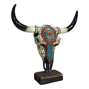 Ebros Gift 17" High Large Western Steer Bison Buffalo Bull Cow Skull Head with Mosaic Turquoise Red Yellow Blue Stones and Beads Ornate Floral Design Desktop Sculpture Native Indian Sacred Skulls