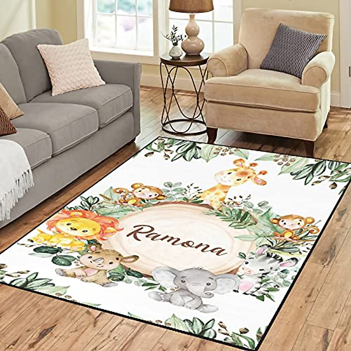 Personalized Cute Greenery Wild Jungle Safari Animals 4'x5.2' Non-Slip Area Rug with Name Text Custom Carpet Floor Mat for Bedroom Living Room Home Decoration