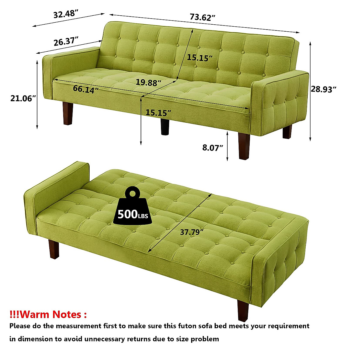 Setawix Linen Futon Sofa Couch Bed Button Tufted Convertible Sleeper Sofa Beds Reclining Armed 3 Seater Sofas Couches for Living Room Bedroom Apartment Small Spaces (Green)