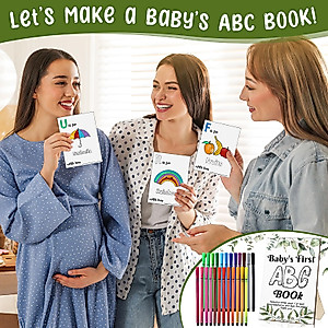 Geelin Fun Baby Shower Game Kid's ABC Book Sign 26 Coloring Game Card Alphabet A to Z Coloring Card 24 Watercolor Pen for Baby Shower Party Activities(Greenery)