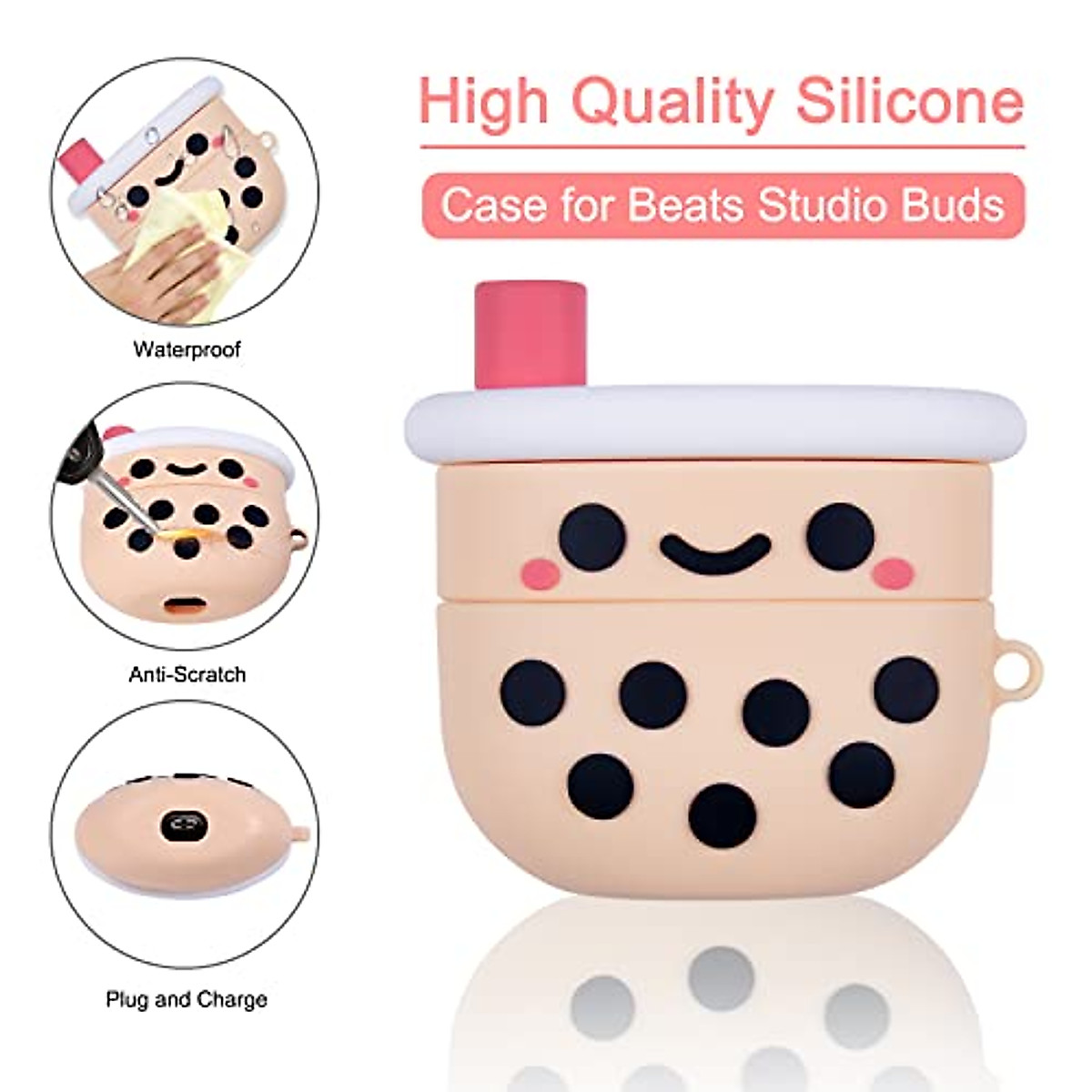 Beats Studio Buds Case, 3D Cute Cartoon Kawaii Character Soft Silicone Case Cover for Beats Wireless Earbuds Anime Skin with Keychain Accessories for Girls Women Kids (Boba Milk Tea)