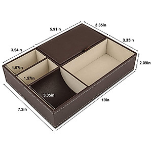 Baoyun Mens Valet Tray Organizer - Leather Nightstand Dresser Top Box with 5 Compartment for Accessories, Wallet, Phone, Keys (Brown)