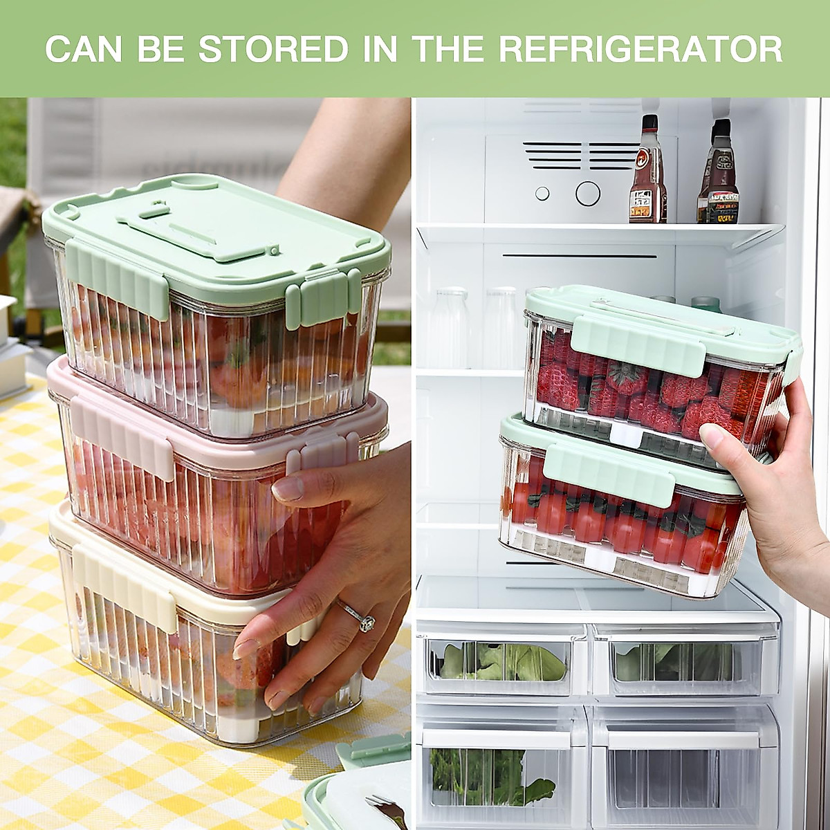 2 Pack Food Storage Containers with Lid, Portable Fruit Saver Berry Snack Keeper Container with Handle & Ice Sheet & Fork, Keep Fruits Food Fresh, for Fridge, Picnic, Office, Party, Camping (Yellow)