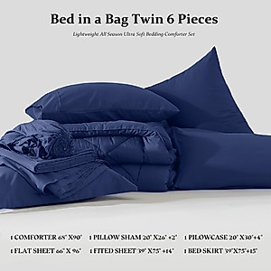 Newspin Twin Bed in a Bag 6 Pieces Comforter Set, Blue All Season Bed Set, Twin Bedding Sets with Comforter and Sheets, Pillow Sham, Flat Sheet, Fitted Sheet, Pillowcase and Bed Skirt