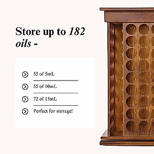 Oil Life - Premium Rotating Wooden Essential Oil Rack with Drawer | Aromatherapy Storage Solution for 182 Bottles | Display Holder for All 15ml Essential Oil Brands (Bottom Drawer Included)