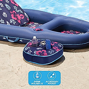 Aqua Campania Ultimate 2-in-1 Pool Float Lounge – Extra Large – Inflatable Pool Floats for Adults with Adjustable Backrest & Cupholder Caddy – Navy Hibiscus