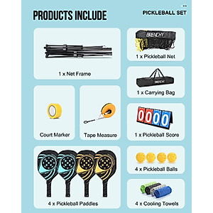 Pickleball Set with Net, Pickleball Net Set, Pickleball Set with Net (17ft) and 4 Pickleball Paddles, Includes 4 Pickleball Balls, 4 Cooling Towels, 1 Scoreboard, 1 Court Marker, 1 Tape Measure
