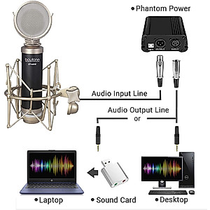 Boytone, Professional Studio Recording Podcast Condenser, Metal Shock Mount, Anti-Wind Cap (BT-68SM)
