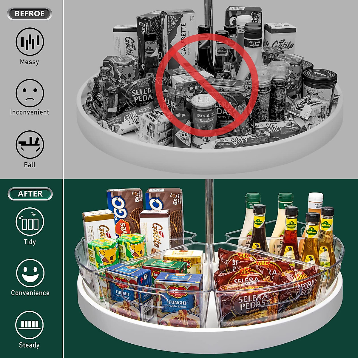 JEISSLIA Lazy Susan Cabinet Organizer Bins for 26"/ 28"/ 32" Diameter Corner Lazy Susan, Plastic Cabinet Storage Bin, 1/8 Wedge-Food Safe, BPA Free, with Non-slip Pads (for 26" Lazy Susan, 8 Pack)