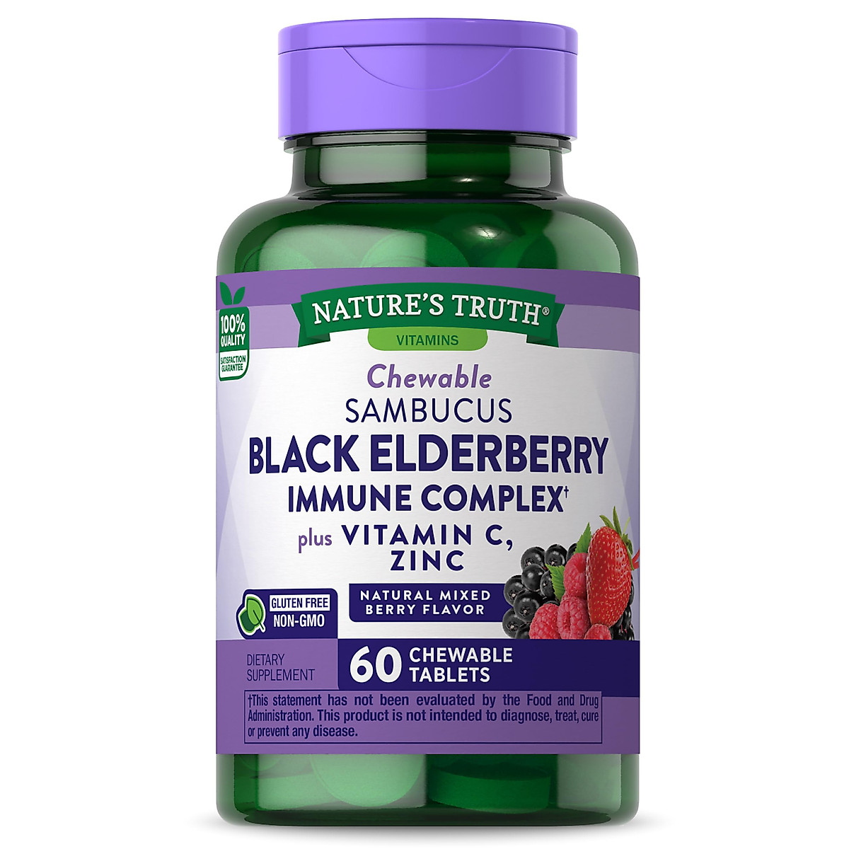 Black Elderberry Immune Complex | 60 Chewable Tablets | Plus Vitamin C & Zinc | Natural Mixed Berry Flavor | Vegetarian, Non-GMO, and Gluten Free Formula | By Nature's Truth