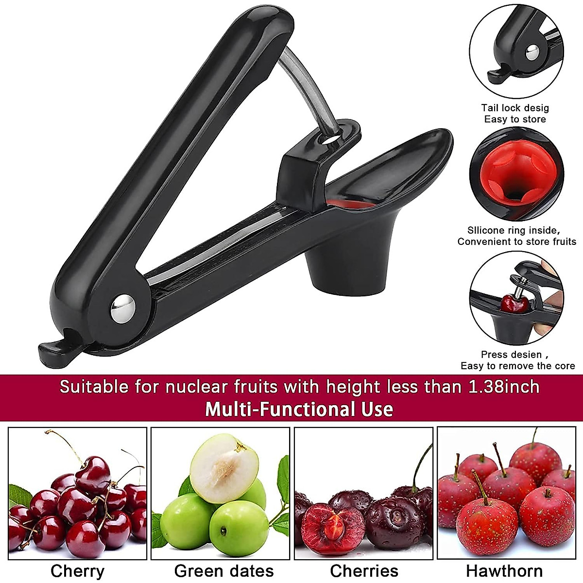Cherry Pitter - Heavy-Duty Olive and Cherry Pitters Corer Tool with Space-Saving Lock Design, Multi-Function Cherries Stoner Seed Remover Tool for Making Cherry Jam (Black)