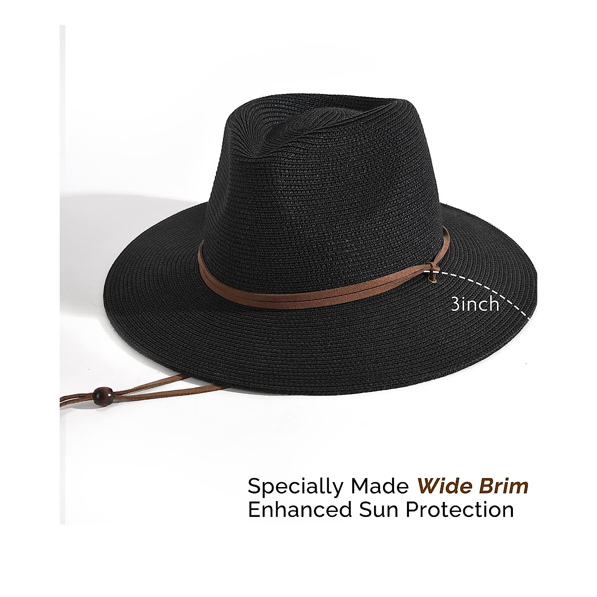 FURTALK Womens Summer Straw Sun Hats Wide Brim Panama Fedora Beach Hat with Wind Lanyard UPF 80+ Black