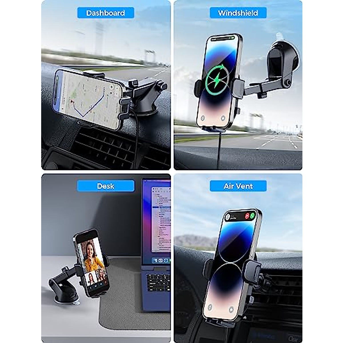 Wireless Car Charger, UGDLUCK 15W Fast Charging Car Charger Mount with Colored Lights Dashboard Windshield Air Vent Car Phone Holder fit for iPhone 14 13 12 11 Pro Max,Samsung Galaxy S23 S22 S21,etc