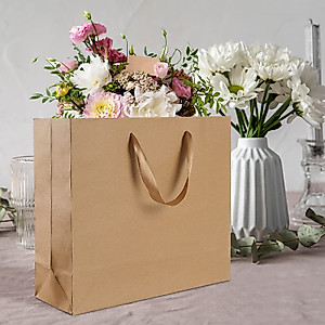 12 Pack Kraft Paper Bags, Large Gift Bags with Tissue Paper, Brown Paper Gift Bags with Ribbon Handles for Shopping, Small Business, Bridal Party, Wedding, Christmas and Holiday (12.5” x4.5” x11”)