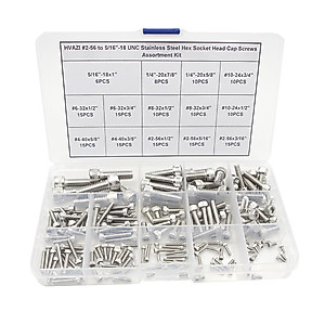 HVAZI #2-56 to 5/16"-18 UNC Stainless Steel Hex Socket Head Cap Screws/Bolts Assortment Kit