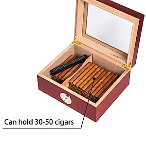 Somduy Cigar Humidor for 30-50 Cigars with Humidifier and Hygrometer,Desktop Cedar Wood Cigar Box Storage Case with Divider, Glass Top, Gift for Men,Reddish Brown