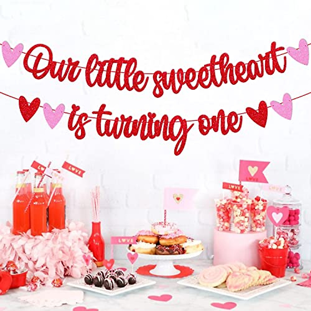 Valentine's 1st Birthday Banner Our Little Sweetheart is Turning One Heart Love Romantic Decorations for 1st One Year Old Kids Boy Girl Happy Bday Party Supplies