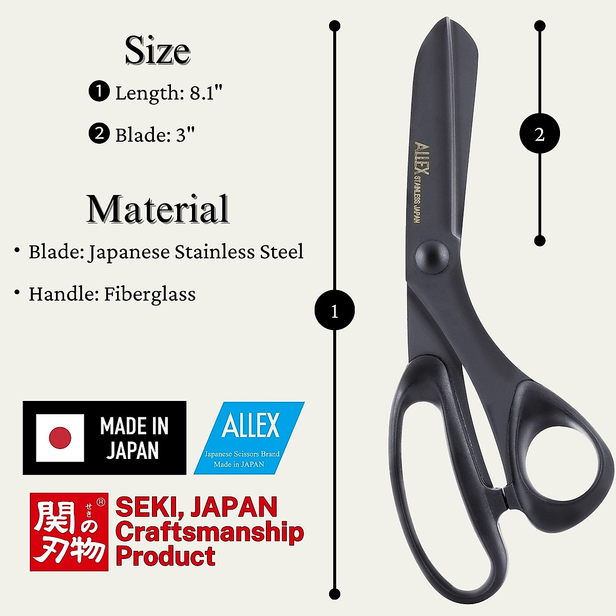 ALLEX Cardboard Scissors Heavy Duty [Non-Stick] 8" Large Craft Scissors, Japanese Stainless Steel Blade, Black, Made in JAPAN