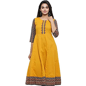Yash Gallery Indian Cotton Geometric Print Anarkali Kurtis for Women (Mustard Yellow)