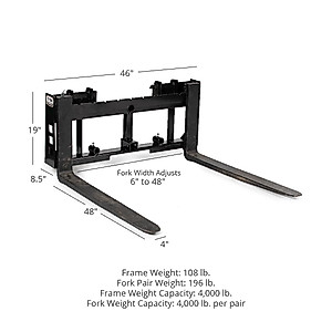 Titan Attachments 45" Skid Steer Pallet Fork Frame Attachment, 48" Fork Blades, Rate 4,000 LB, Quick Tach Tractor