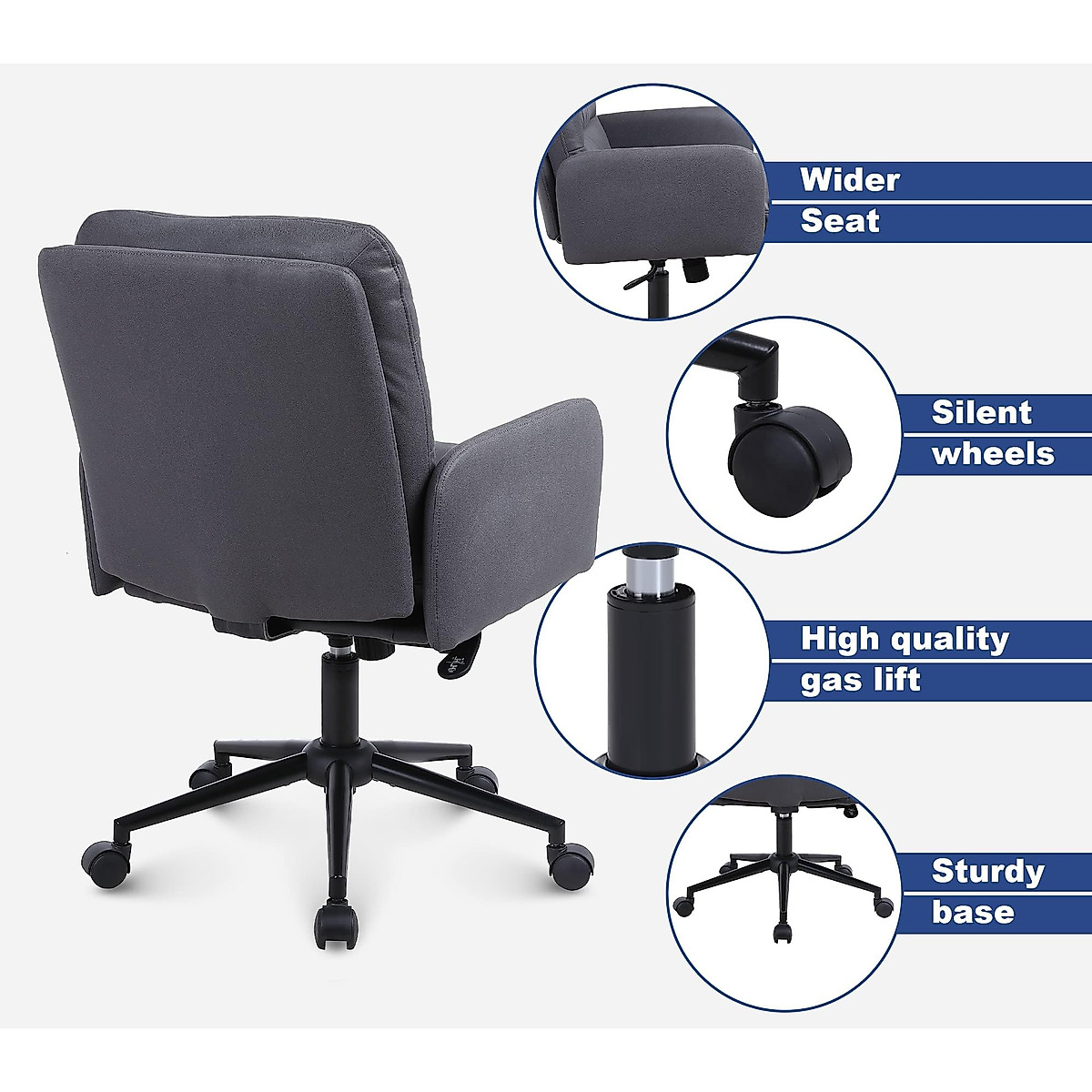 Modern Mid Back Computer Desk Chair with Wheels, Adjustable Home Office Chair, Ergonomic Upholstered Swivel Chair, Grey