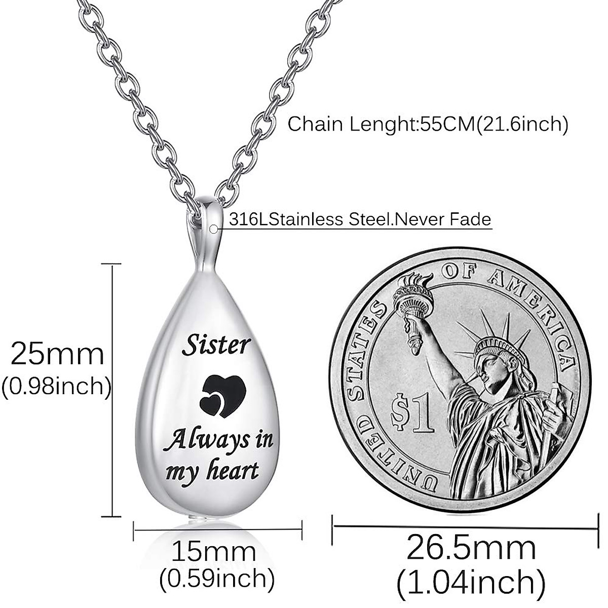 GLDZ Cremation Jewelry for Ashes,Forever in My Heart Carved Locket Urns Necklace Stainless Steel Keepsake Waterproof Memorial Pendant for mom & dad with Filling Kit (Sister)