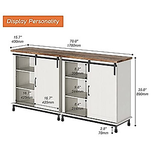 WAMPAT Multifunctional Storage Cabinet with Sliding Barn Door,LED Decorative Farmhouse Buffet Cabinet Coffee Bar Cabinet Accent Cabinet Entryway Storage Table for Living Room,Kitchen,70'',Cream White