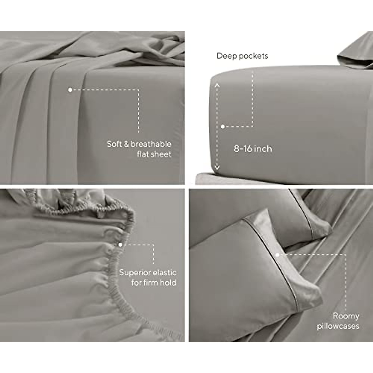 Pieridae King Size Sheets Set - 4 Piece, Grey King Sheets, Ultra Soft Breathable Linen Bed Sheets for King Size Bed, Double Brushed King Bed Sheets, Hotel Luxury King Size Sheets Deep Pocket Set, Grey