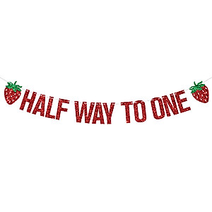 Strawberry Half Way to One Banner, 6 Months Birthday Decorations, Berry Sweet Half Birthday, Strawberry Themed Baby Shower Party Decorations, Red Glitter