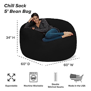 Chill Sack Bean Bag Chair - 5' Giant Memory Foam Lounge Chair with Soft Microfiber Cover – Cozy Furniture for Living Room, Dorm, & Kids' Rooms – Comfortable 5 Ft, Microsuede Lounge Sofa, Black