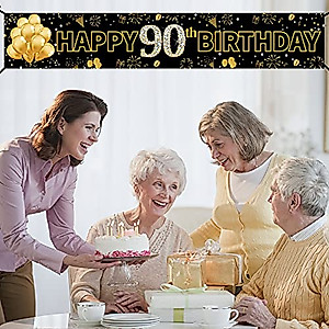 Pimvimcim 90th Birthday Banner Backdrop Decorations for Women Men, Happy 90 Year Old Birthday Party Sign Supplies, Ninety Years Old Birthday Party Decor(Black Gold)