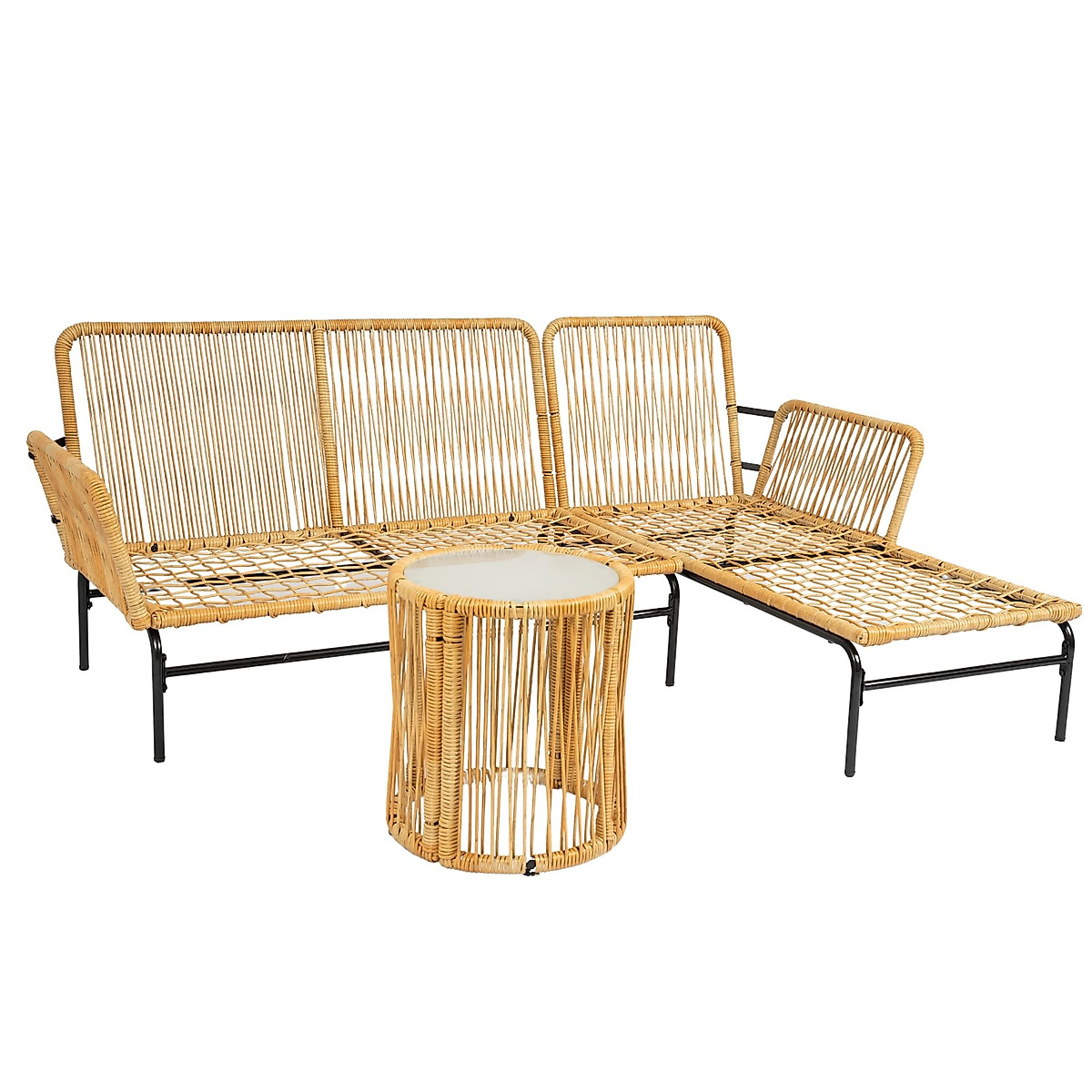 CABSETT 3-Pieces All-Weather Outdoor Patio L-Shape Sofa Set with Round Coffee Table and 3.15-inches Thick Cushion for Backyard, Poolside, Garden, Light Yellow