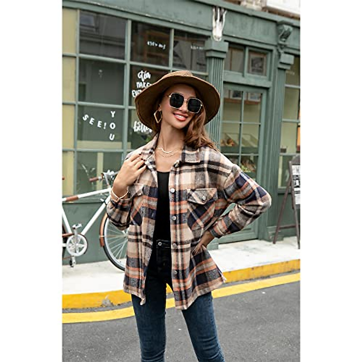 Women Classic Flannel Plaid Jacket Button Down Boyfriend Long Sleeve Lapel Shirts Casual Blouses Tops (Orange, Medium)