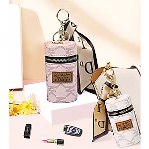 Voitead 2Pcs Lipstick Organizer, Luxury PU Leather Lip Gloss Bag, Mini Case with Keychain, Girls travel Lipgloss Makeup Storage Case for Purse Perfume Fingernail Polish Car key(Pink&White)