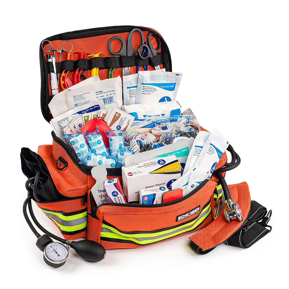 Scherber First Responder Fully-Stocked Professional Essentials EMT/EMS Trauma Kit | HSA/FSA Approved | Reflective Bag w/8 Zippered Pockets & Compartments & 200+ First Aid Supplies - Orange