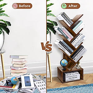 Luckyeestar 6 Tier Tree Bookshelf, Retro Floor-Standing 6 Shelf Bookcase Storage Rack, Wooden Storage Rack Modern Bookshelf, Put Books, Photo Albums, Magazines, CD（ Rustic Walnut）