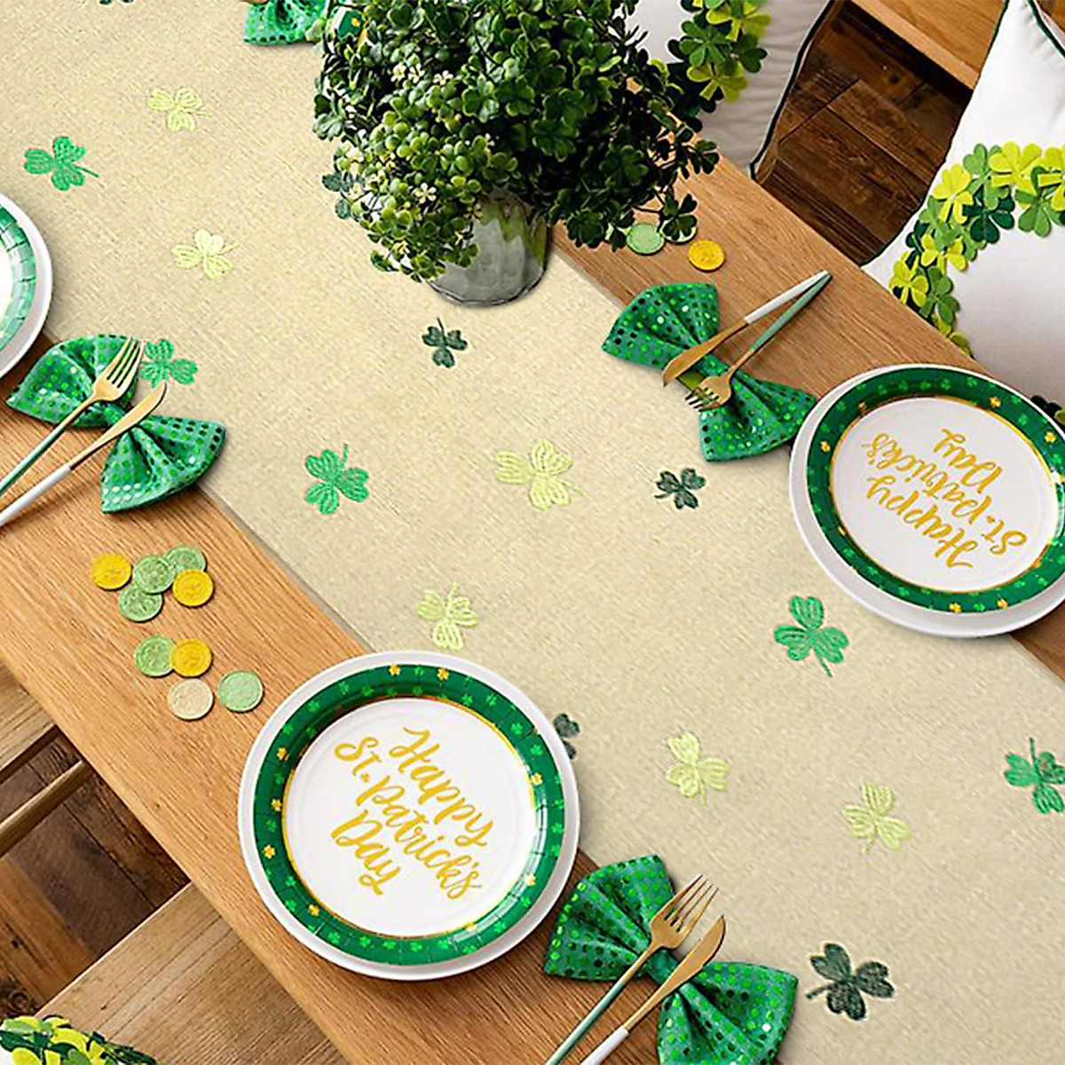 yuboo St Patrick Day Table Runner, Embroidered Shamrock Table Runnr Linen Burlap for Farmhouse Rustic Spring Decorations,13 x 72