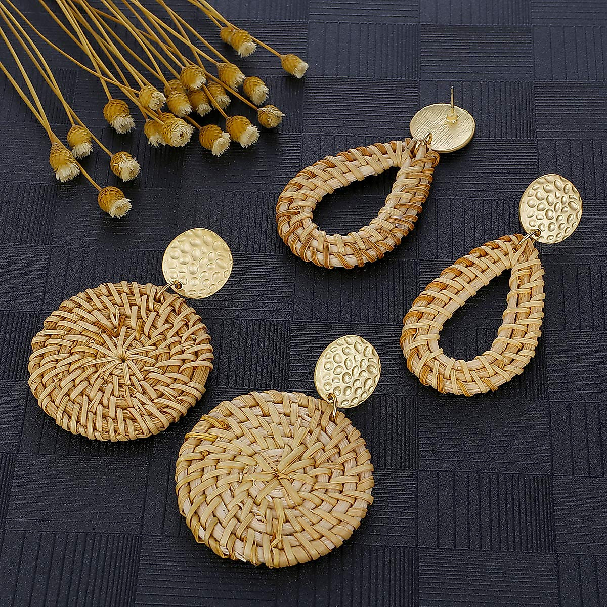 AIDSOTOU Rattan Earrings for Women Lightweight Geometric Statement Earrings Handmade Straw Wicker Braid Teardrop Hoop Drop Dangle Earrings 4 Pairs (Style-4)