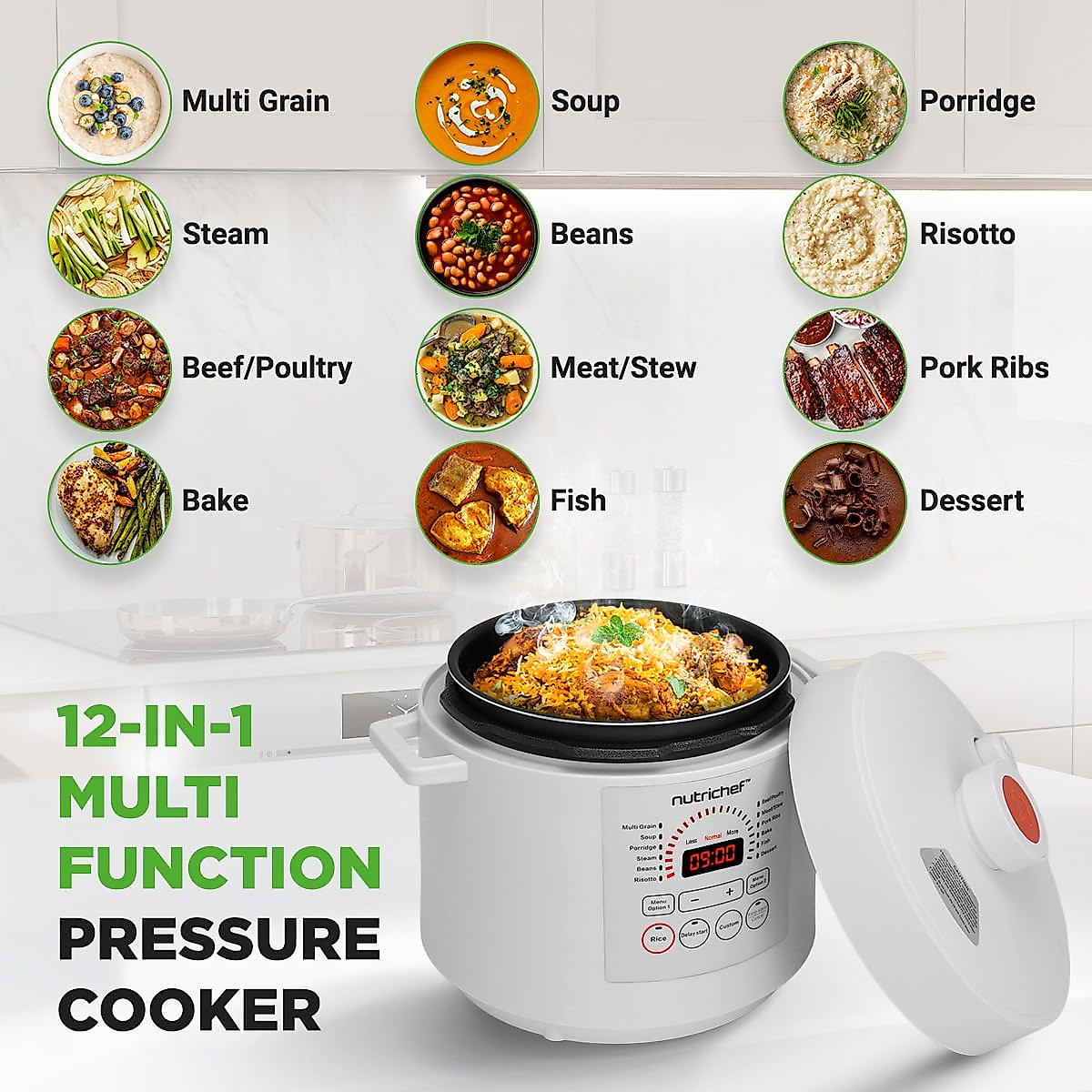 NutriChef Electric Pressure Cooker 6 Quart Capacity | 9 Function Digital Countertop Pressure Cooker | Adjustable Time & Temperature | Cook, Bake, Steam, Broil, & Braise | 13.1 x 11.4 IN | White