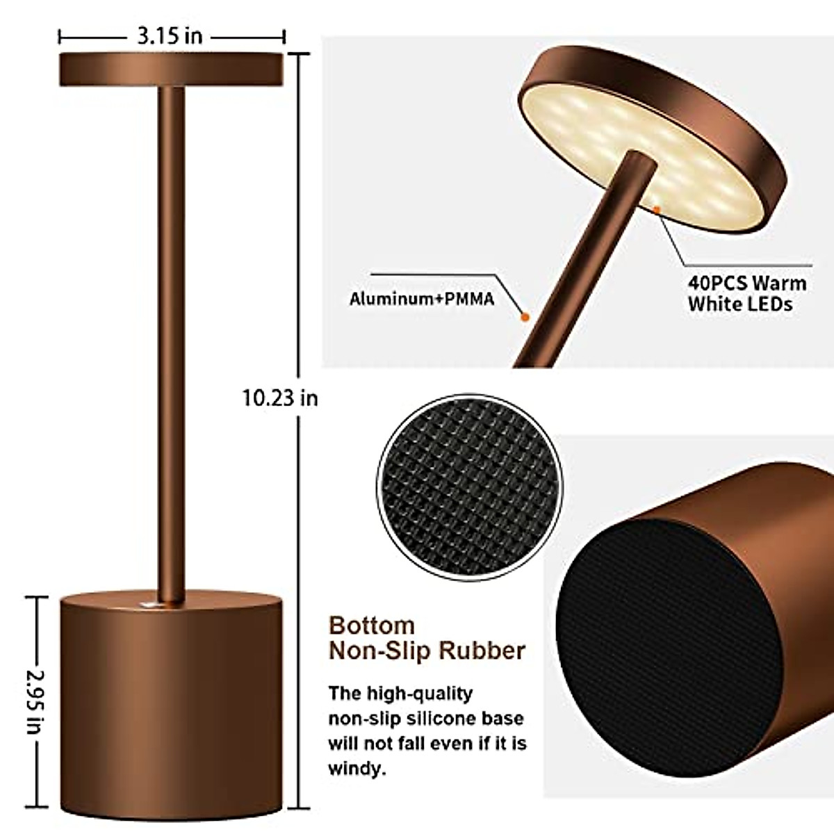 Sikevht 2 Pack Cordless LED Table Lamp, Fast Charge chip，Rechargeable Desk Lamps, 3-Levels Brightness LED Metal USB Table Light for Restaurant/Bedroom/Outdoor/Bar/Coffee Shop (2 Pack Brown)